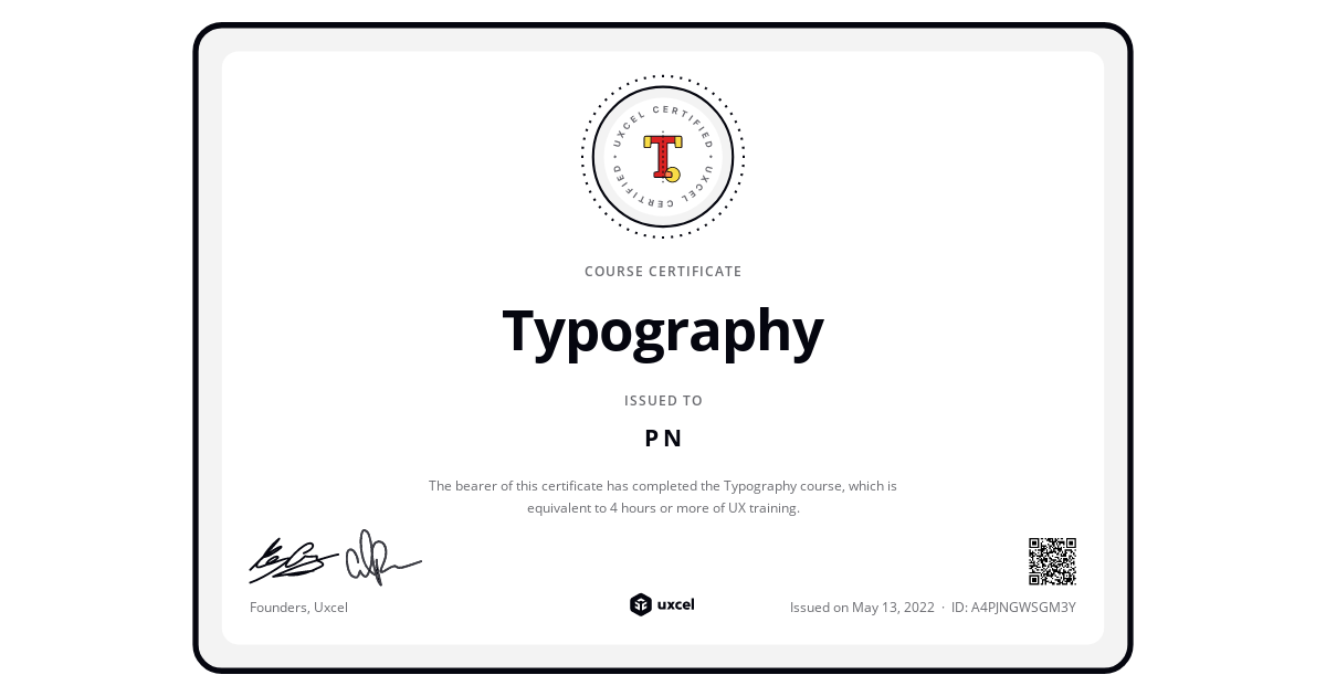 Certificate of completion for Typography | Uxcel